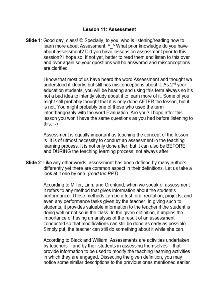Lesson 11 Assessment Script | PDF | Educational Assessment | Methodology
