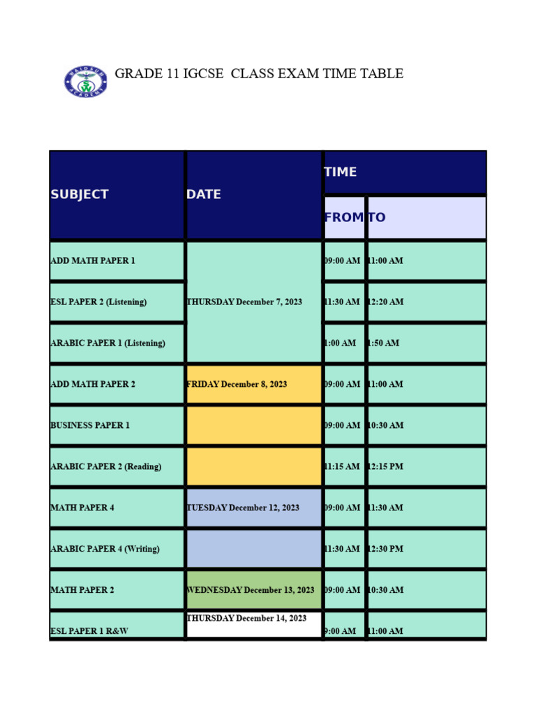 Grade 11 Igcse Class Exam Time Table | PDF