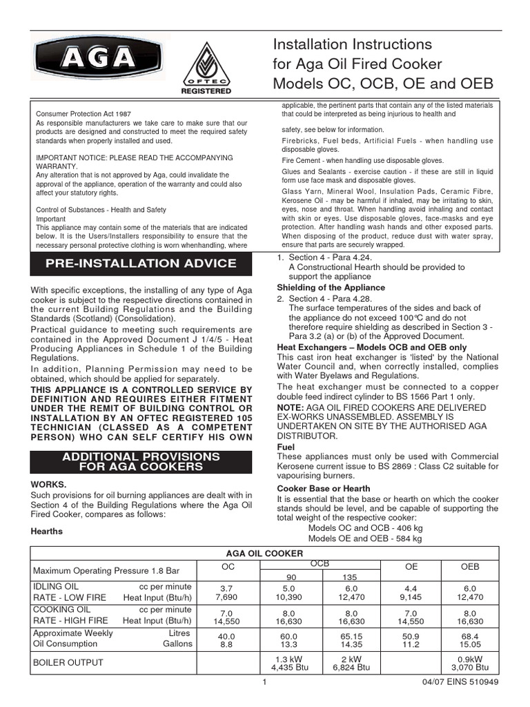 Aga Oil Fired Cooker Installation Guide | PDF | Chimney | Water Heating
