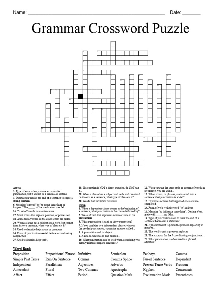 Grammar Crossword Puzzle Activity | PDF | Grammar | Language Mechanics