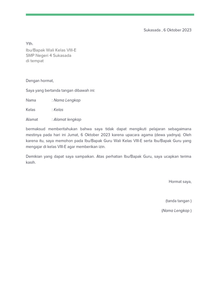 Contoh Surat Izin Sekolah | PDF