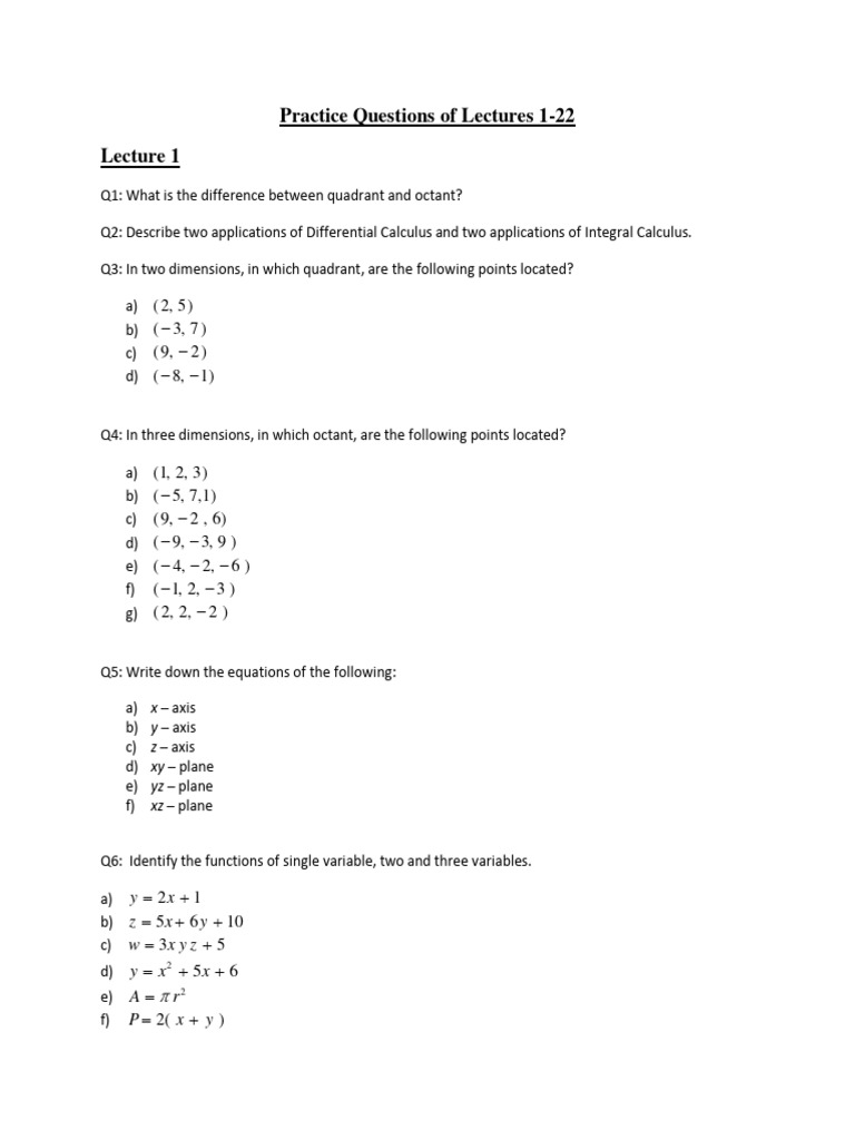 Practice Questions Lectures 1-22 Updated | PDF | Cartesian Coordinate ...