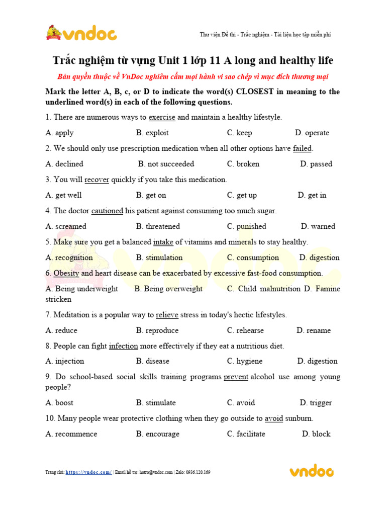 Trac Nghiem Tu Vung Unit 1 Lop 11 A Long and Healthy Life | PDF | Clinical Medicine | Nutrition