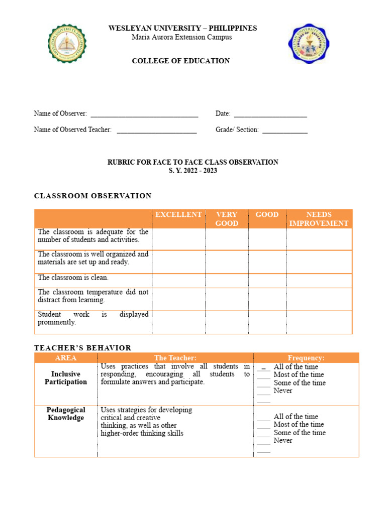 Classroom Observation Rubric 2022-2023 | PDF | Learning | Teachers