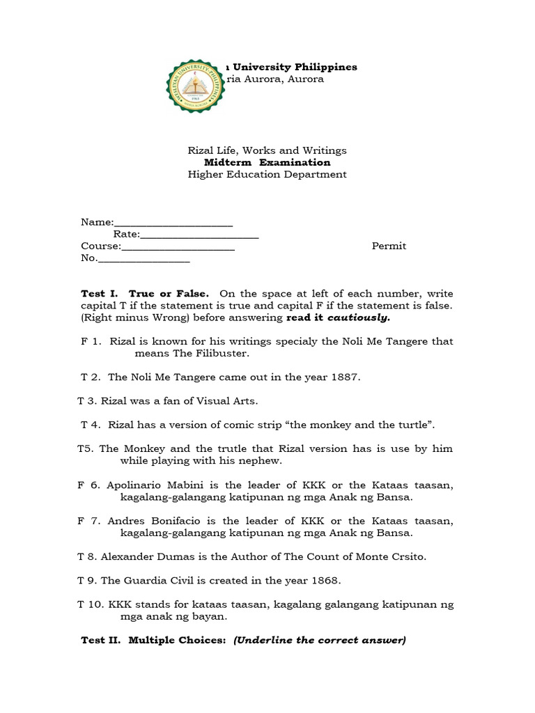 Midterm Rizal 2023 Answer Key | PDF | Philippines
