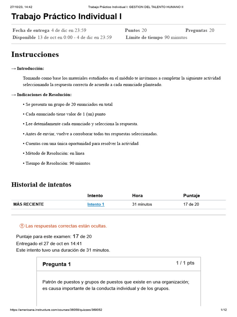 Trabajo Práctico Individual I - GESTION DEL TALENTO HUMANO II | PDF | Gestión de recursos ...