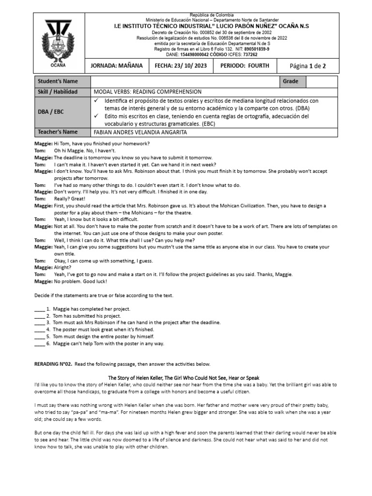 Modals - Reading Comprehension | PDF | Helen Keller | Human Communication