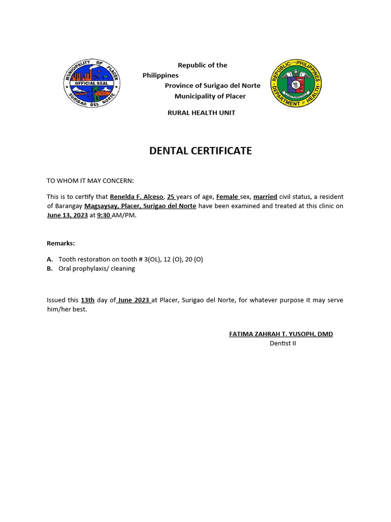 Dental Certificate for Treatment Confirmation | PDF
