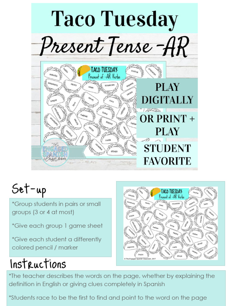 SpanishPresentTenseARVerbsTACOTUESDAYFREEDigitalorPrintGame 1 | PDF ...