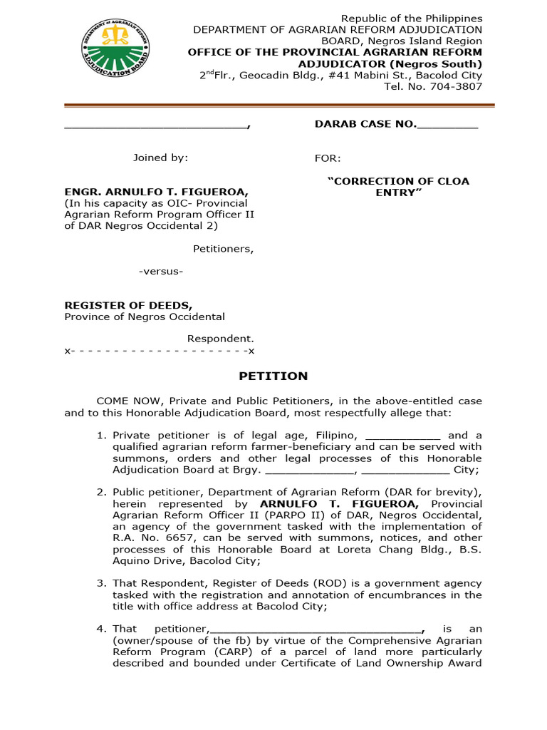 Correction Petition for CLOA Entry | PDF | Public Law | Civil Law ...