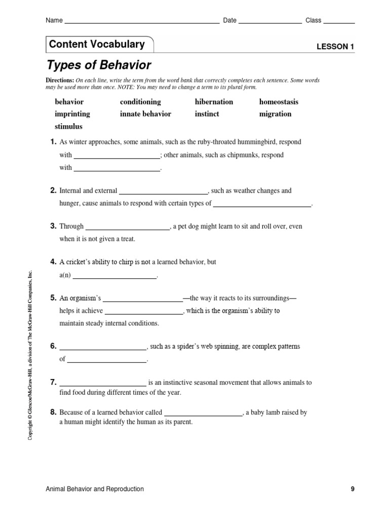 Types of Animal Behaviors Worksheet | PDF | Instinct | Learning