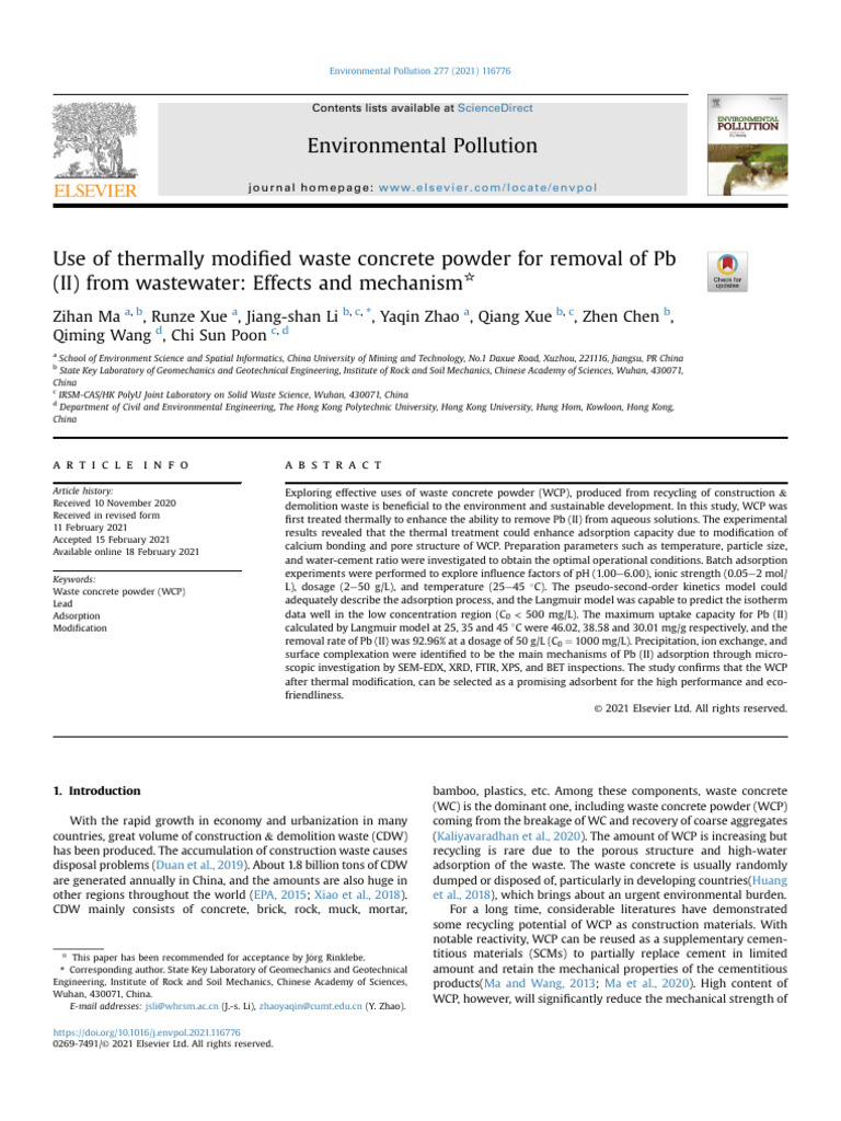 Waste Concrete Powder for Pb Removal | PDF | Adsorption | Ph