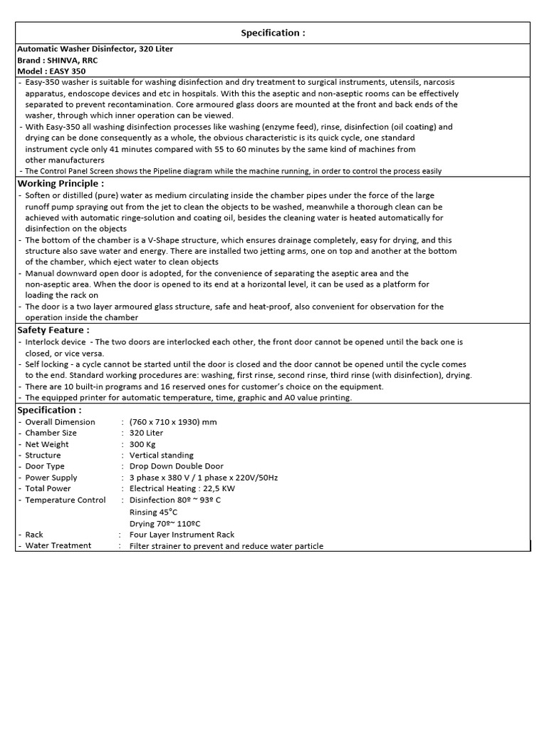 Specification:: Automatic Washer Disinfector, 320 Liter Brand: Shinva ...