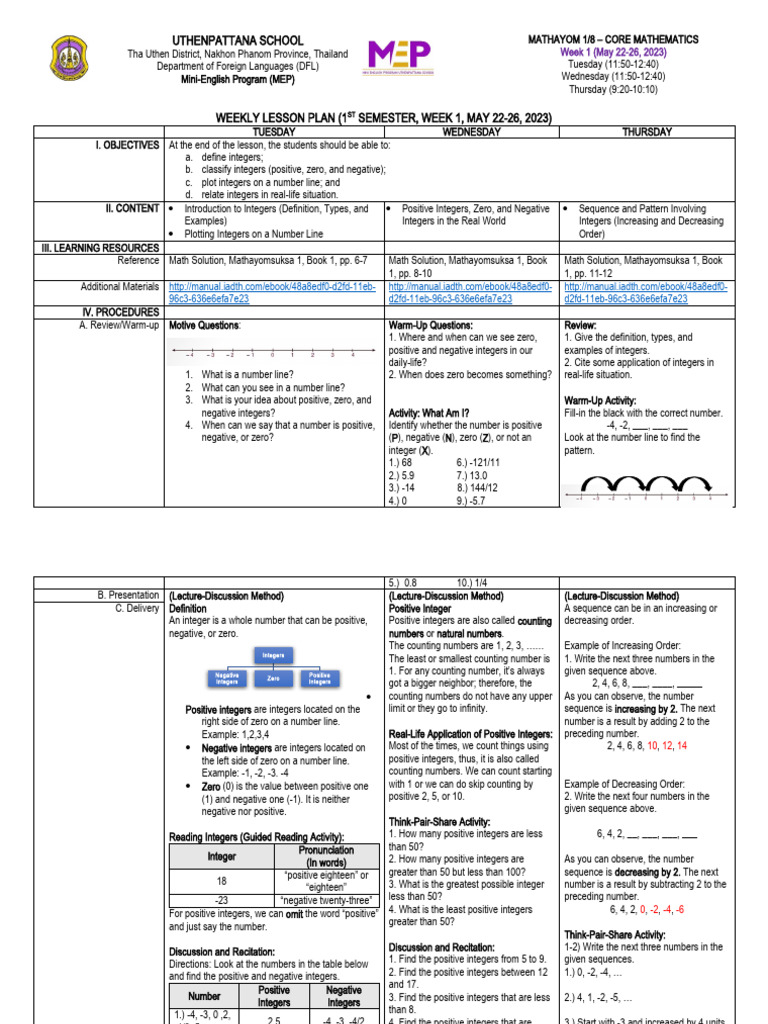 LP M1-8 Core Math Week 1 | PDF | Numbers | Integer