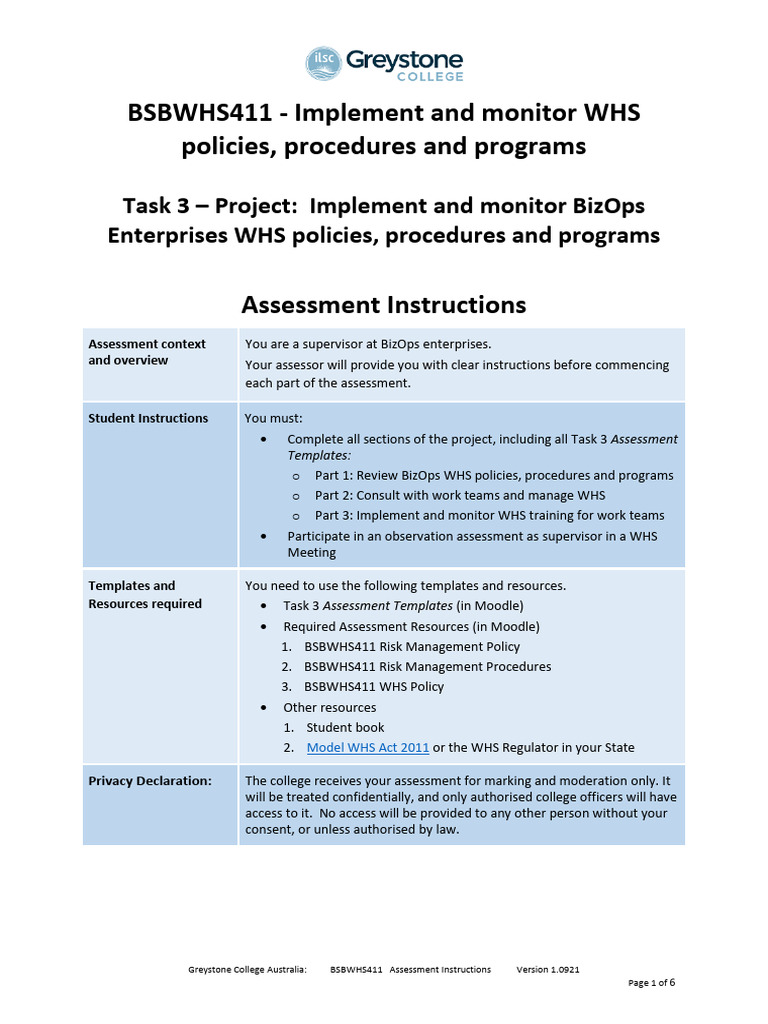 BSBWHS411 Assessment Instructions V1.0921 | PDF | Risk | Risk Management