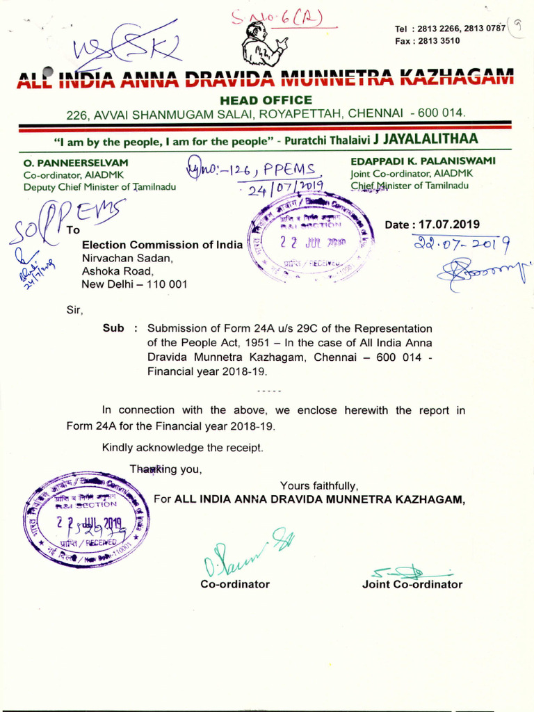 All India Anna Dravida Munnetra Kazhagam CR For FY 2018-19 | PDF ...