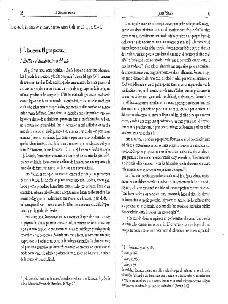 Texto 11. Palacios J. La Cuestion Escolar Rousseau. El Gran Precursor | PDF
