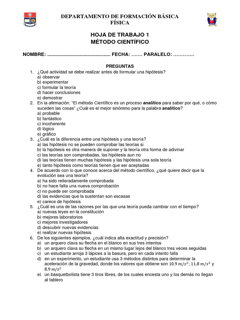 Hoja de Trabajo 01 - Método Científico | PDF | Teoría | Hipótesis