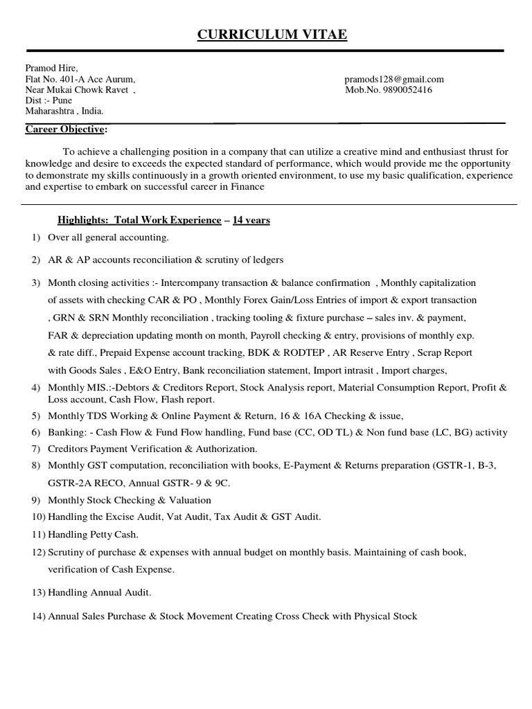 Pramod Accounts & Finance CV | PDF | Value Added Tax | Valuation (Finance)