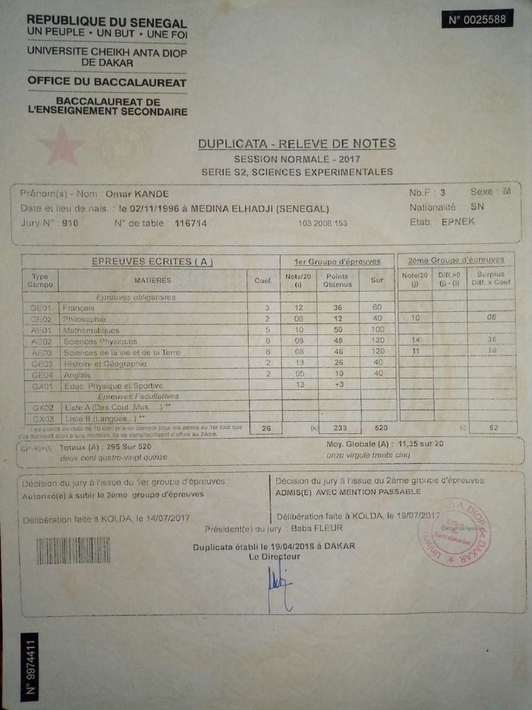 Relevé de Note Bac | PDF