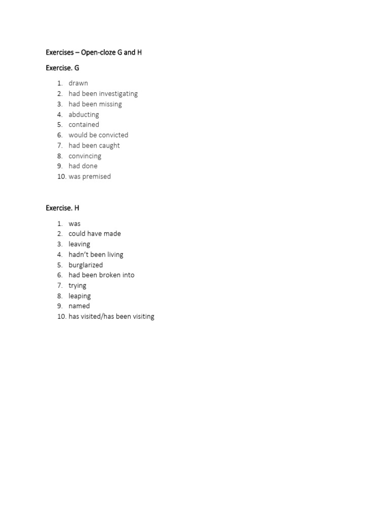 Exercises G and H Open Cloze Answer Key | PDF
