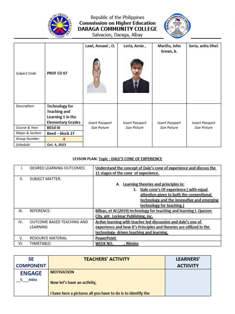 Dale's Cone of Experience Lesson Plan | PDF | Experience | Learning