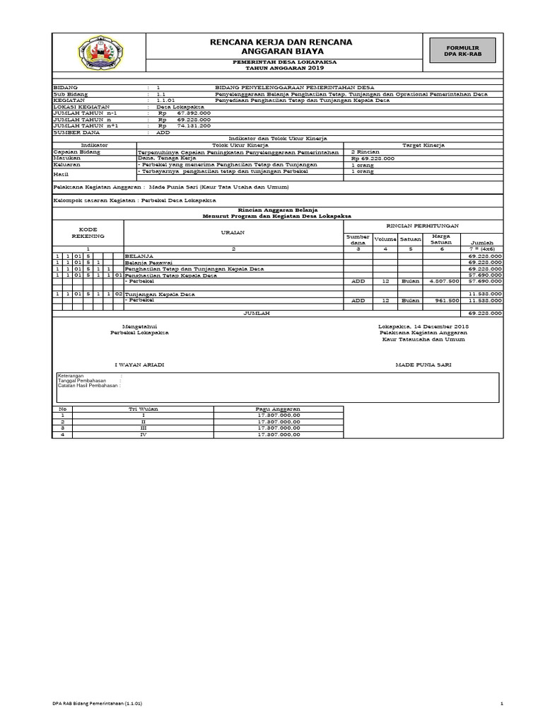 DPA-RAB Desa Lokapaksa Tahun 2019 Bidang Pemerintahaan - 437735 | PDF