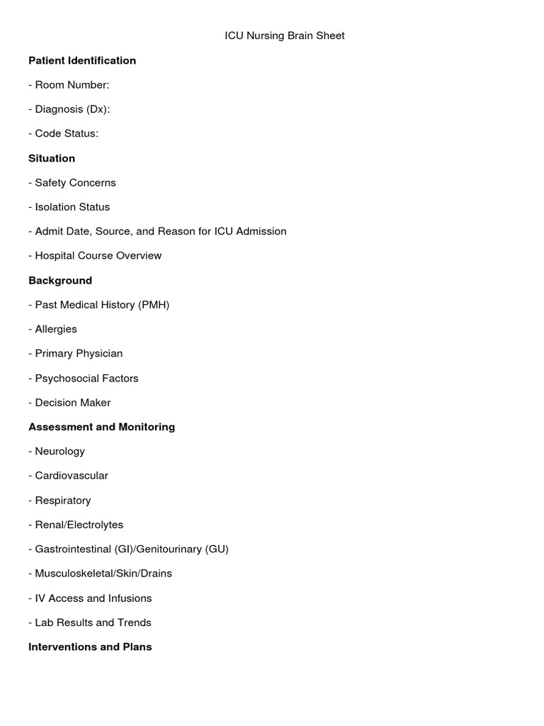 ICU Nursing Brain Sheet Template | PDF