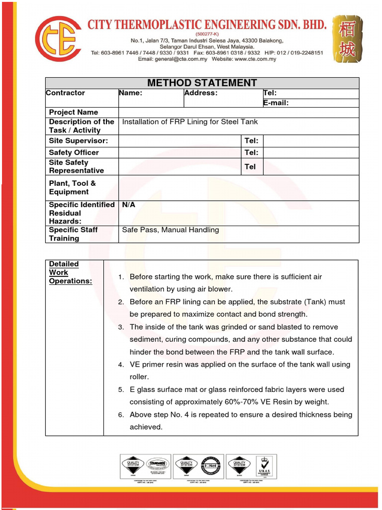 4.method Statement - Installation of FRP Lining For Steel Tank Rev02 ...