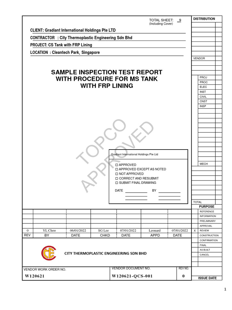 2.QC Inspection Test Report With Procedure For MS Tank With FRP Lining ...