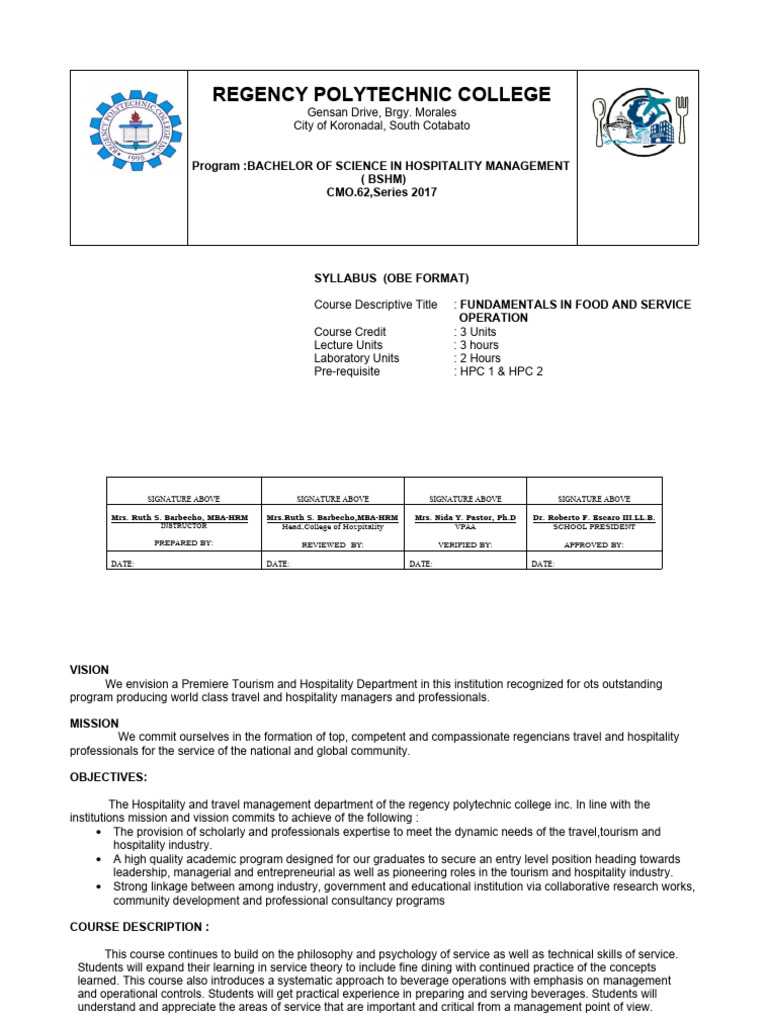 FBS Syllabus | PDF | Tableware | Menu