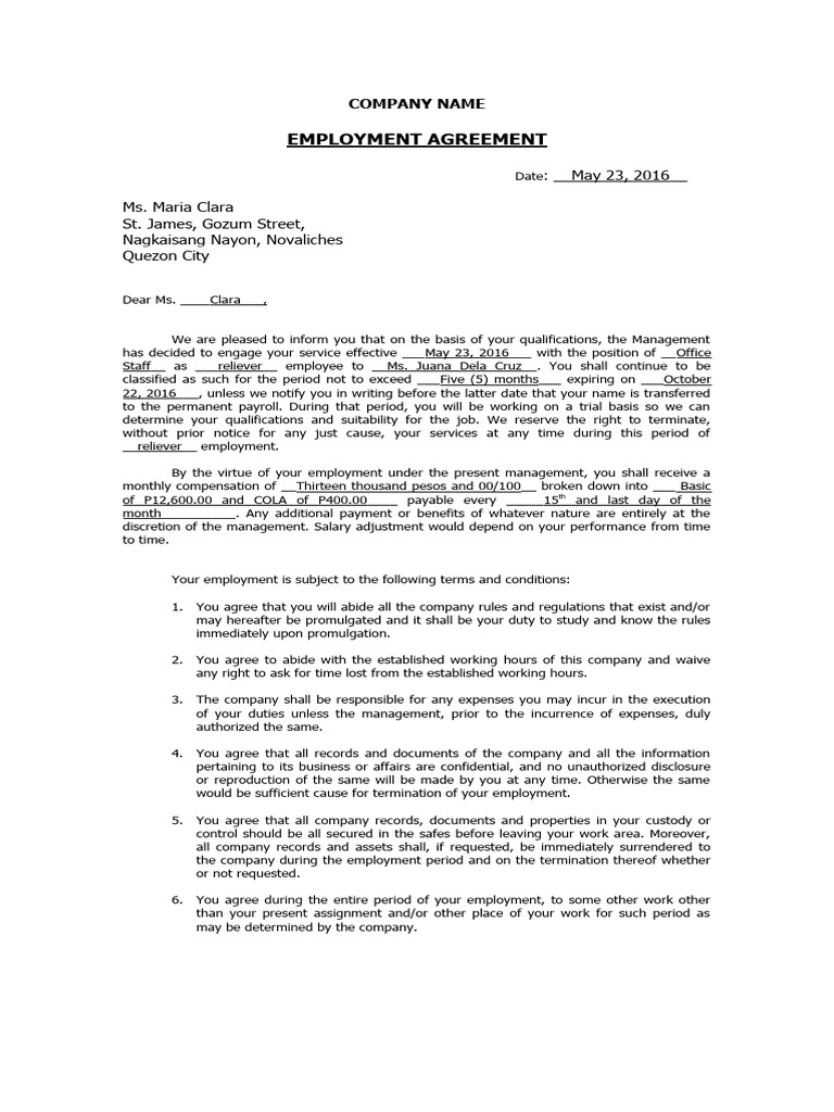 Employment Agreement - Reliever | PDF | Employment | Business Law