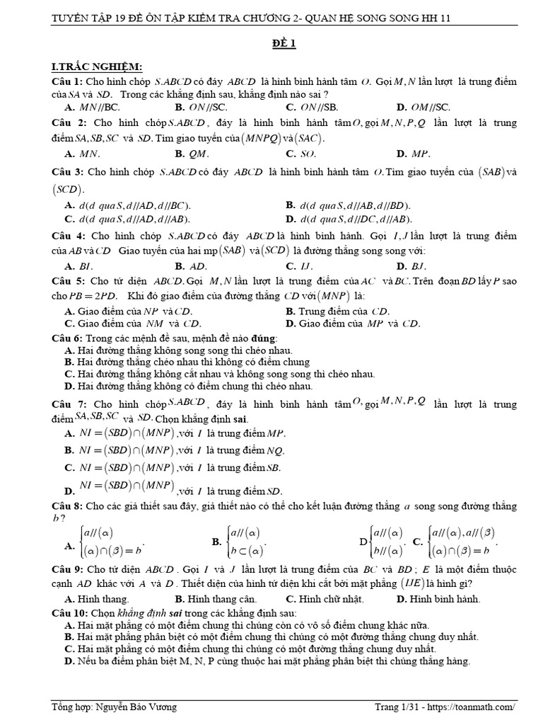 19 de On Tap Kiem Tra Hinh Hoc 11 Chuong 2 Quan He Song Song | PDF