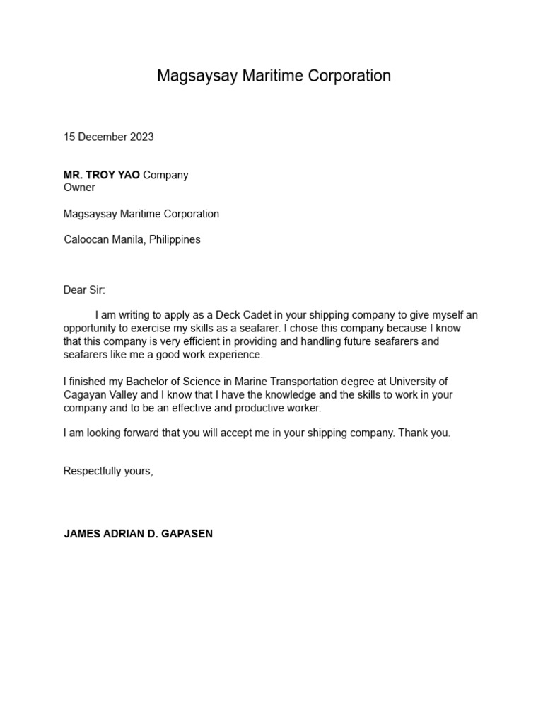Application Letter For Maritime Cadet | PDF