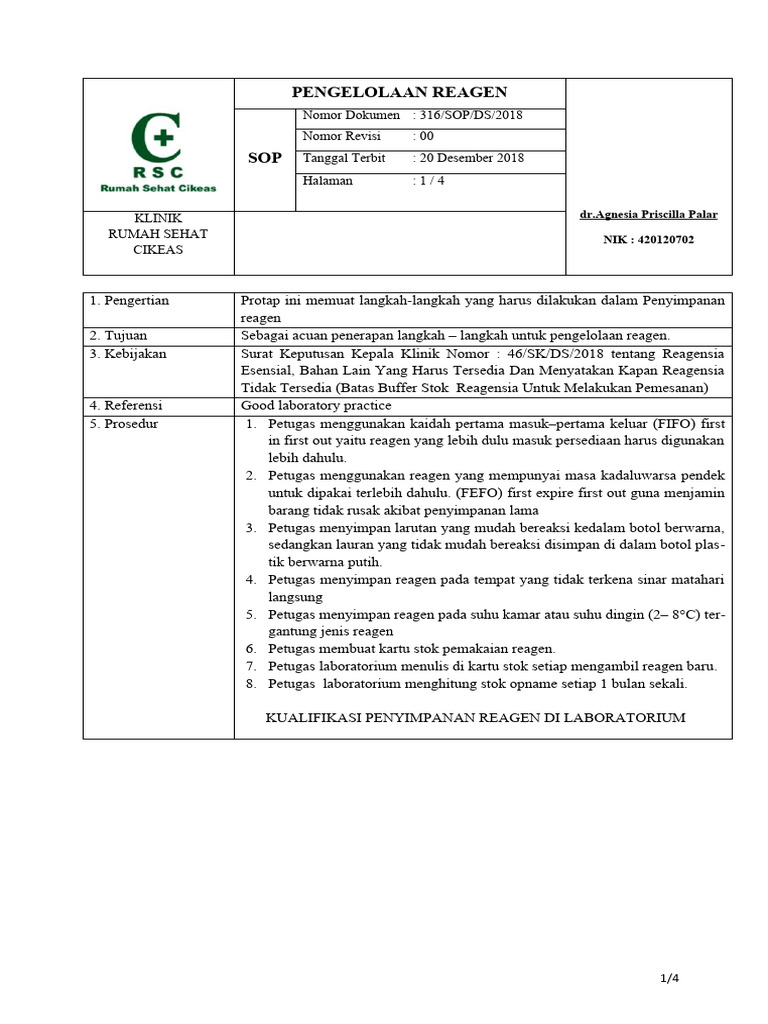 Sop Pengelolaan Reagen | PDF