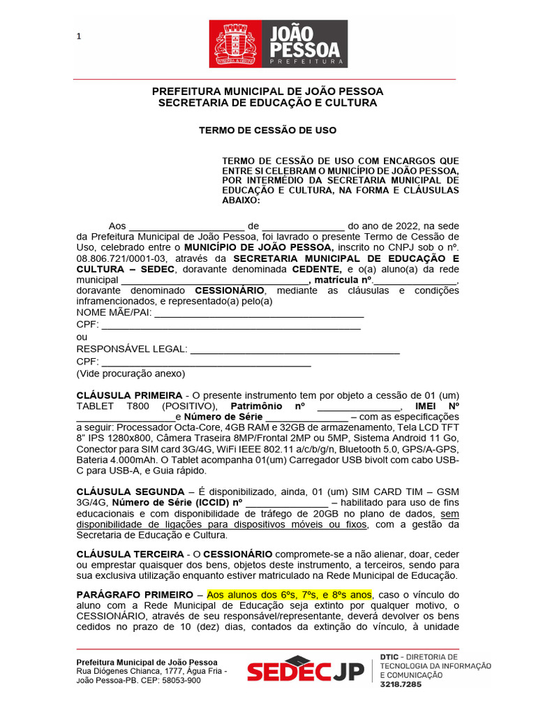 Termo de Cessão - Tablets e Chips | PDF | Tablets | Tecnologia da ...