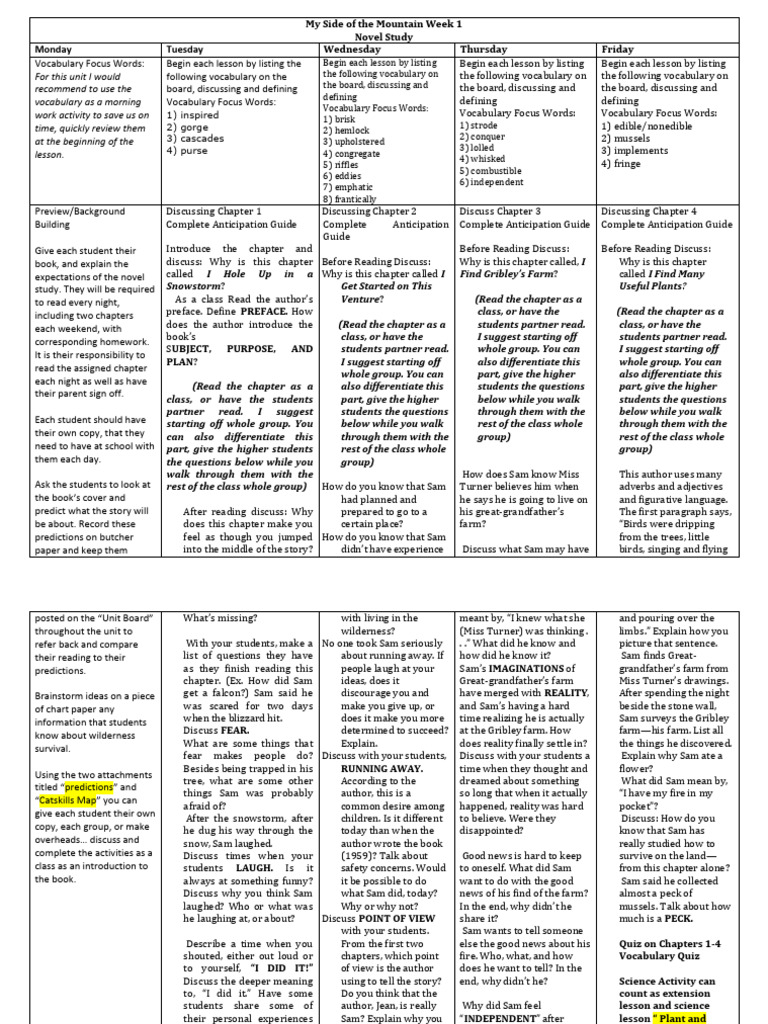 Mysideofthemountainunitplansandattachments | PDF | Language Arts ...