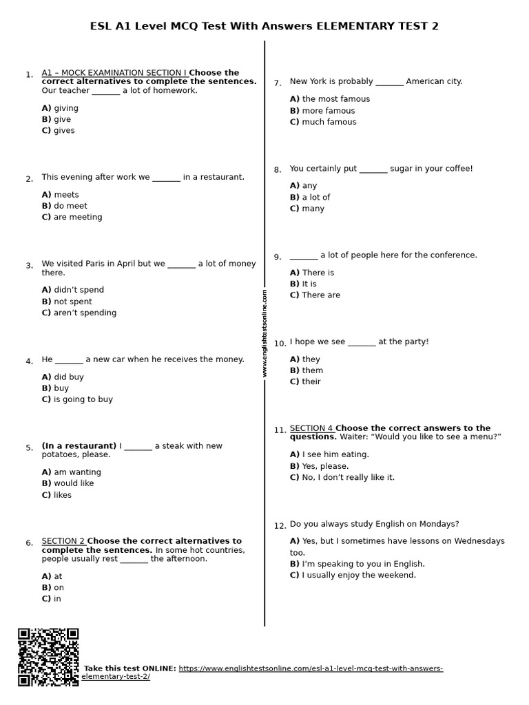 A1 Italian Test: Mock Exam Questions | PDF | Vatican City | Italy