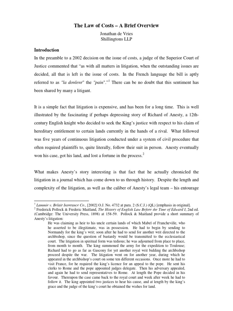 Overview of the Law of Costs | PDF | Equity (Law) | Costs In English Law