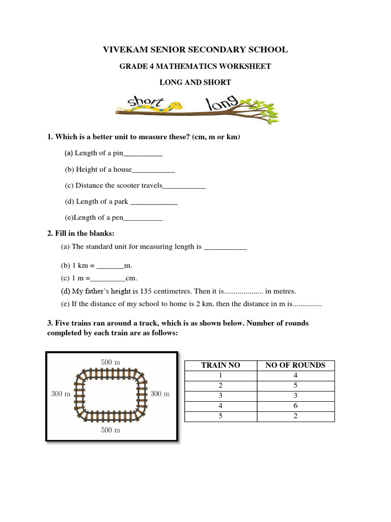 Assignment Class 4 Maths | Download Free PDF | Length | Metrology
