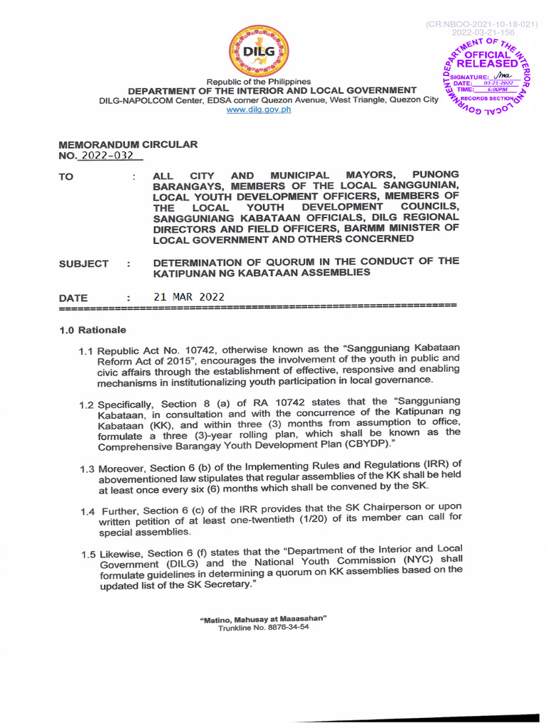 DILG MC 2022-032 - KK Quorum On Assemblies | PDF