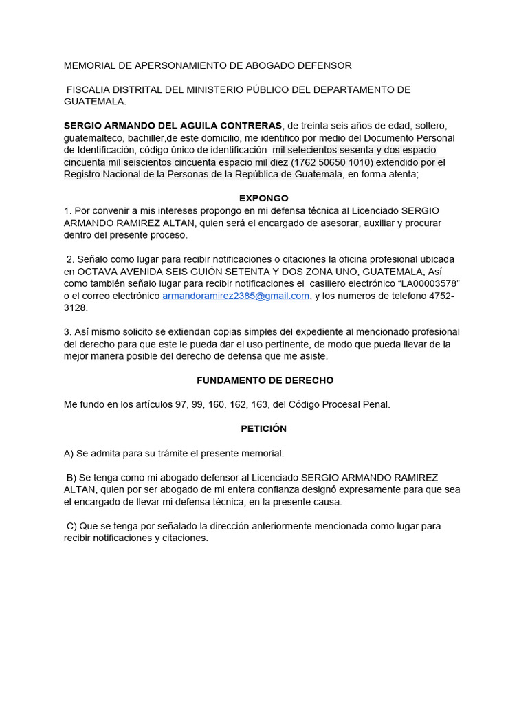 Memorial de Apersonamiento de Abogado Defensor. | PDF | Derecho