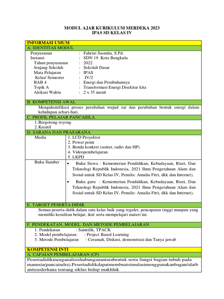 Modul Ajar Kurikulum Merdeka 2023 PBL | PDF