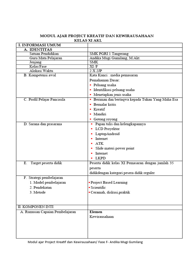 Modul Ajar Project Kreatif Dan Kewirausahaan Kelas Xi Akl I. Informasi ...