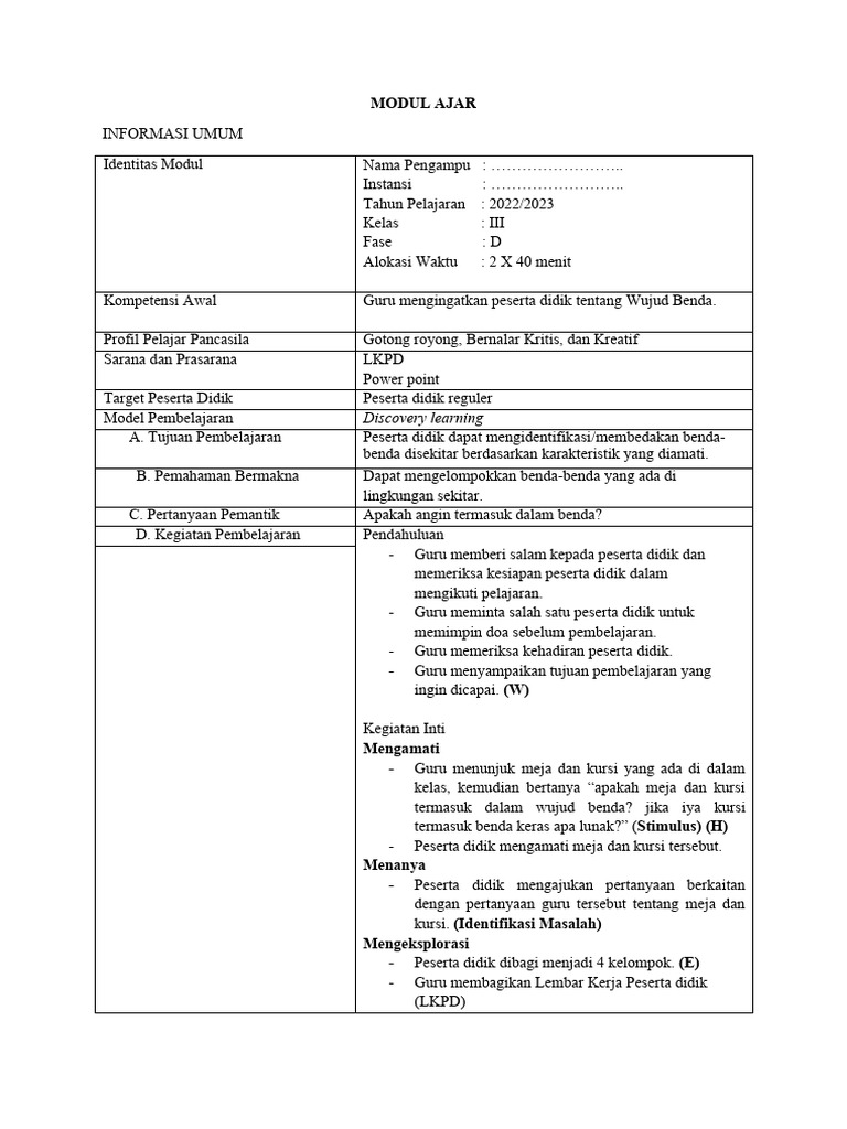 Modul Ajar Kelas 3 Materi Wujud Benda Pdf