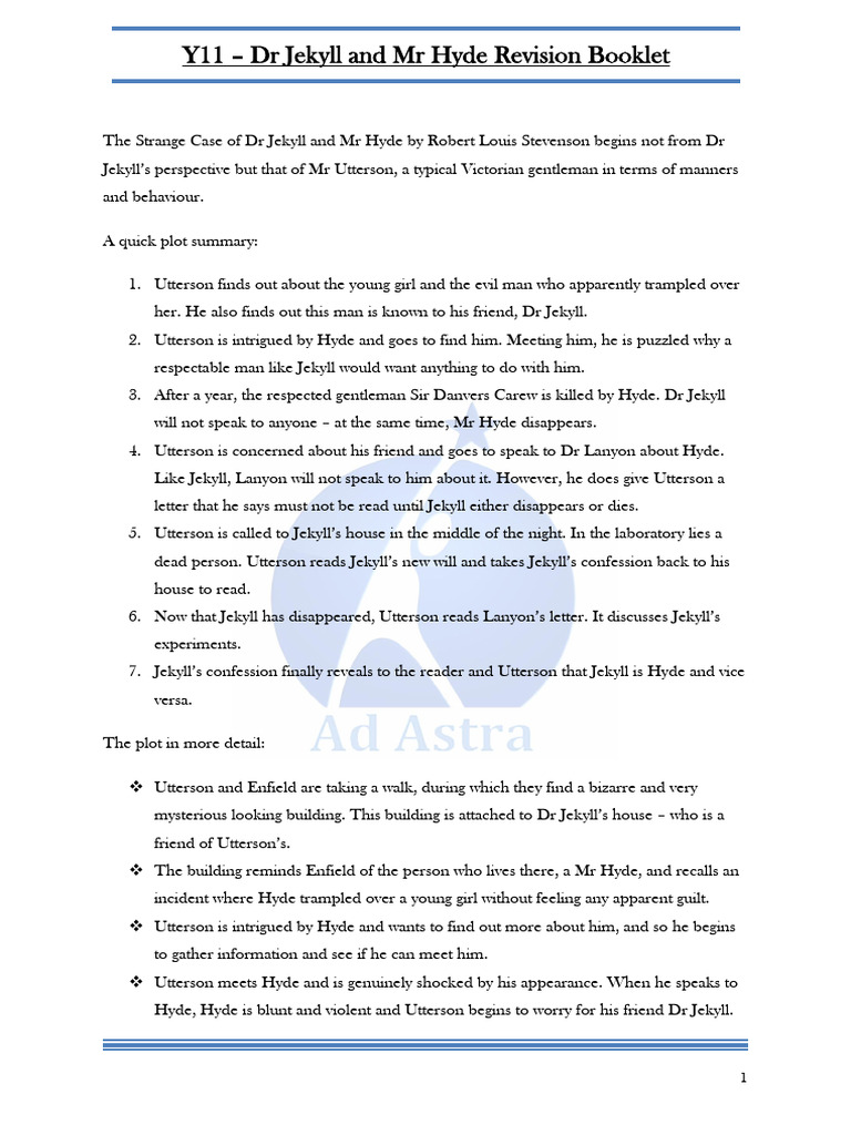 DR Jekyll and MR Hyde Revision Booklet | PDF | Strange Case Of Dr ...