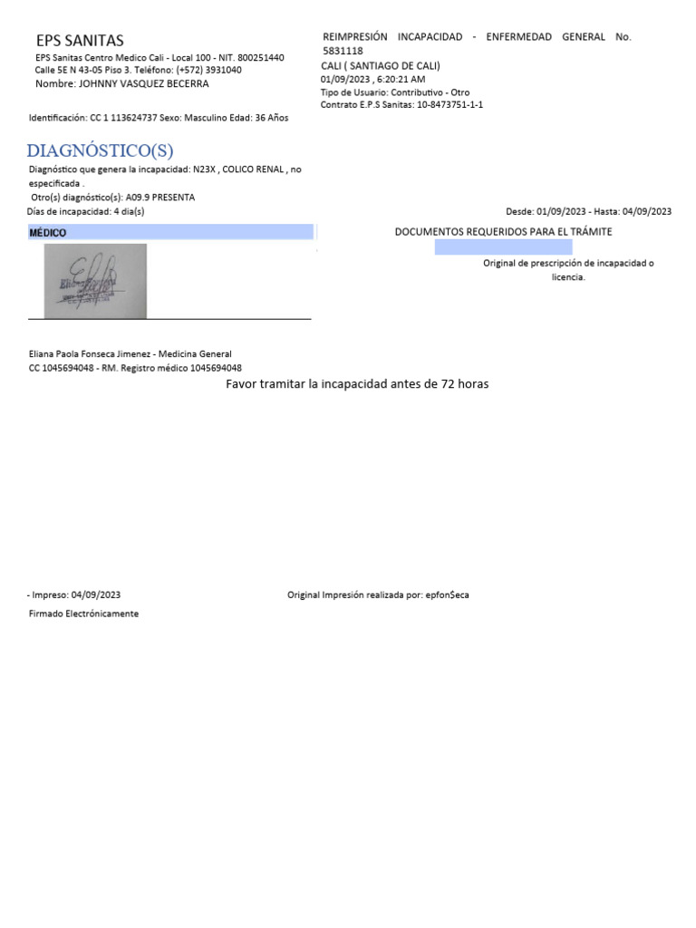 Incapacidad Sanitas: N23X y Requisitos | PDF | Derecho