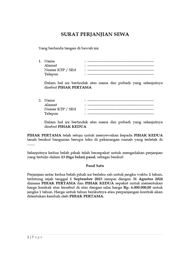 Surat Perjanjian Sewa | PDF