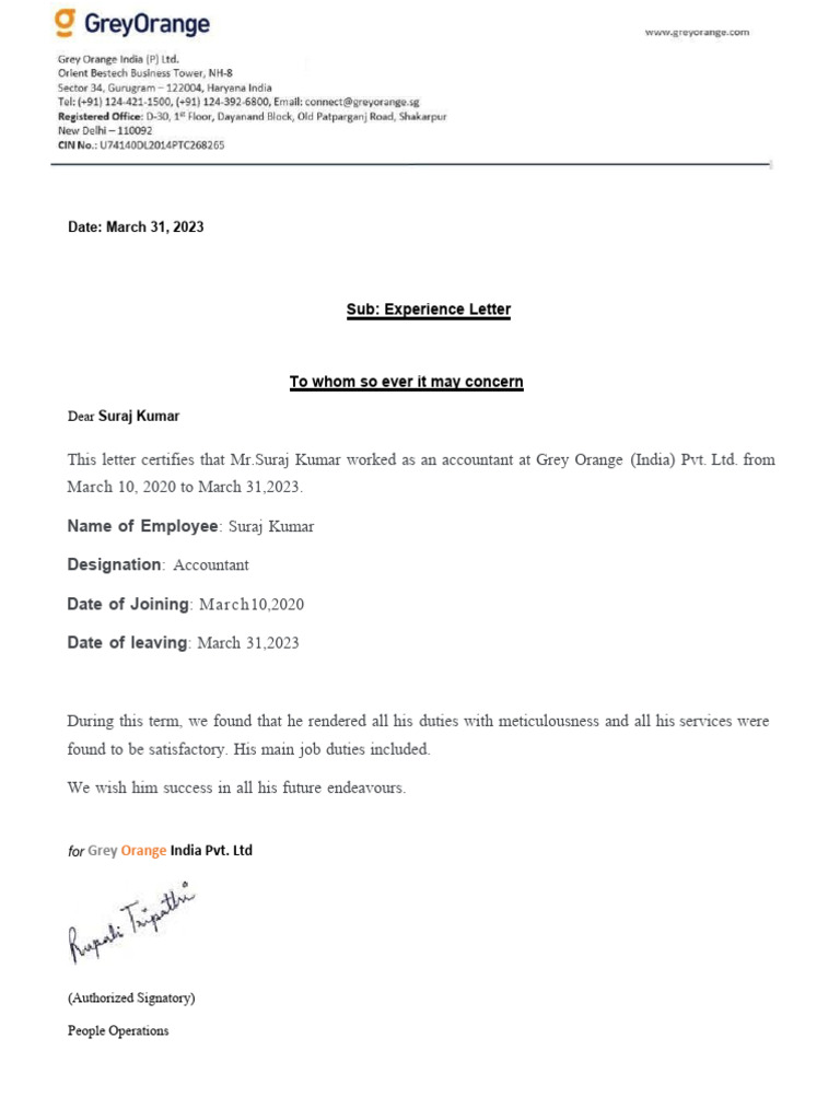 Experience Letter (Suraj Kumar) | PDF