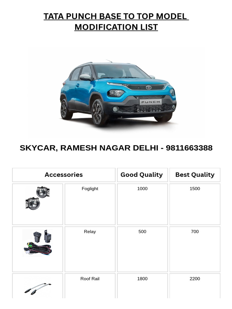 Tata Punch Base To Top Model Modification List | PDF